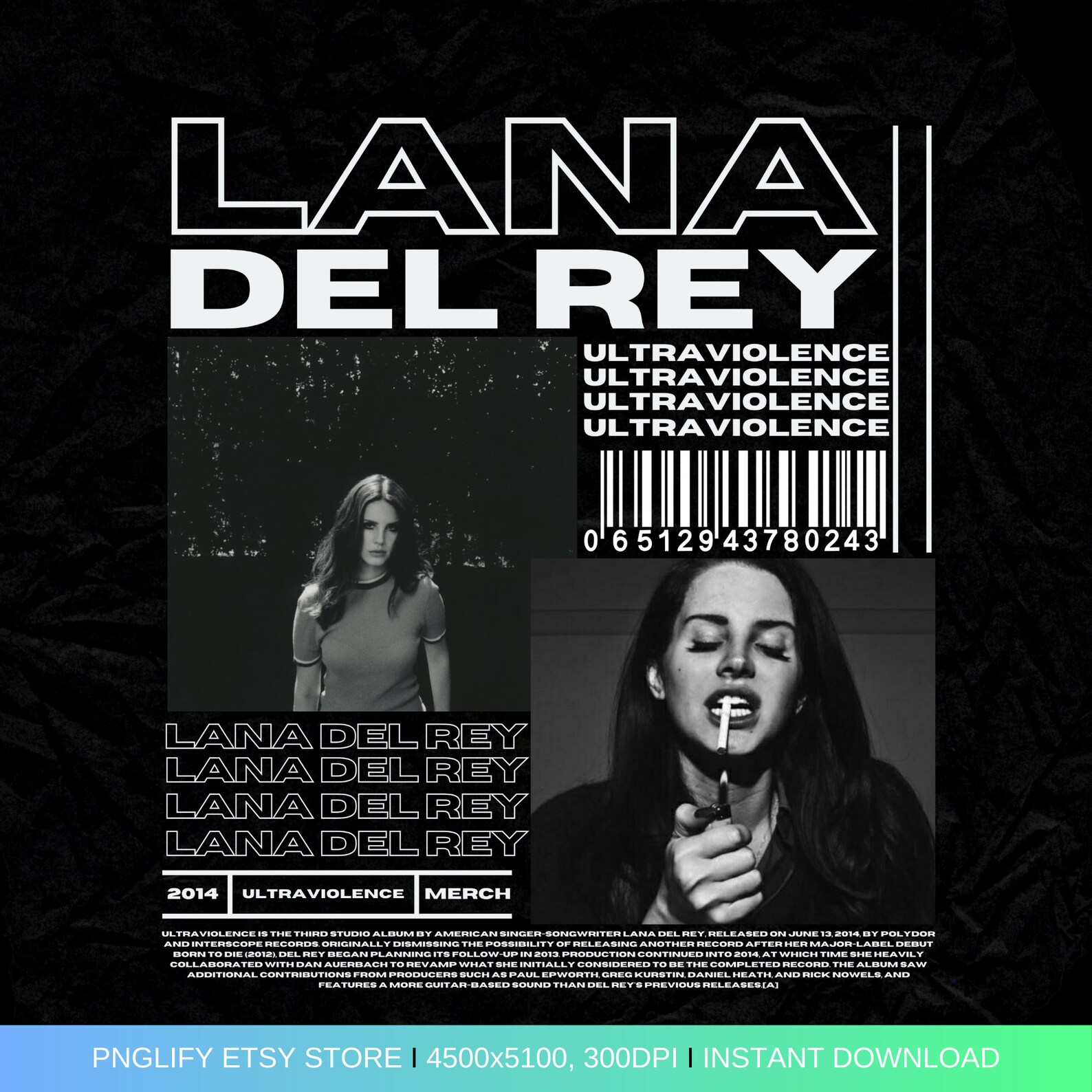 Lana Del Rey T-shirt Design, Instant Download, Free Commercial Use, Ultraviolence Album Cover ...