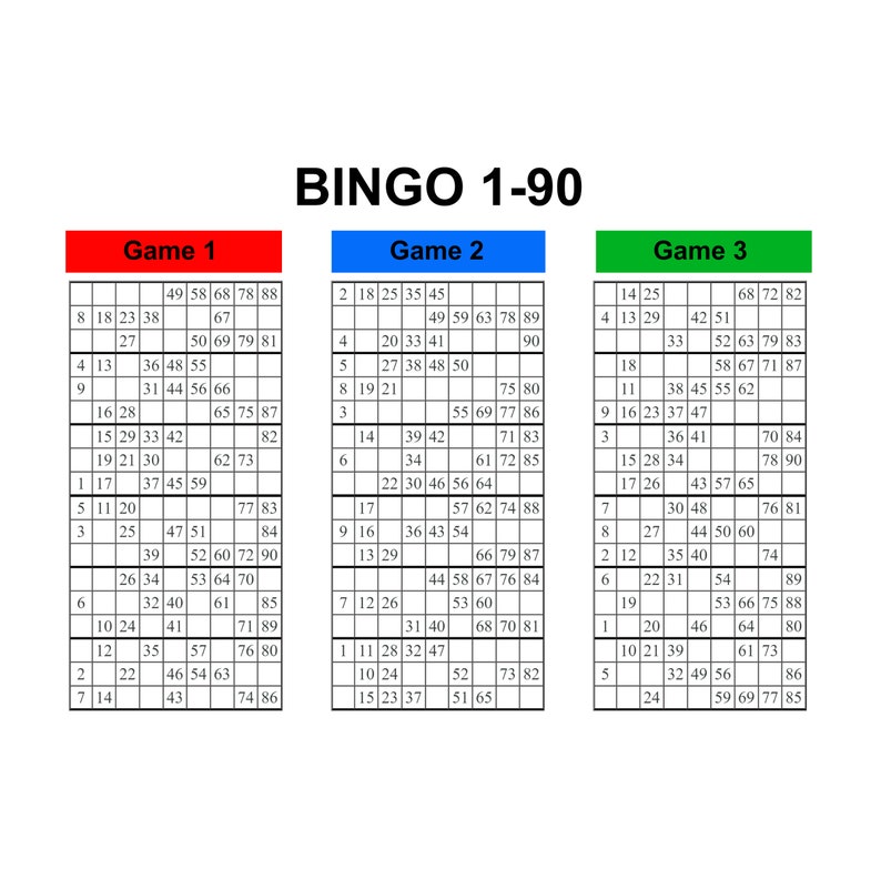 UK Style 1-90 Bingo Ticket Cards, 3 per Page – 1050 Cards / 350 Pages ...