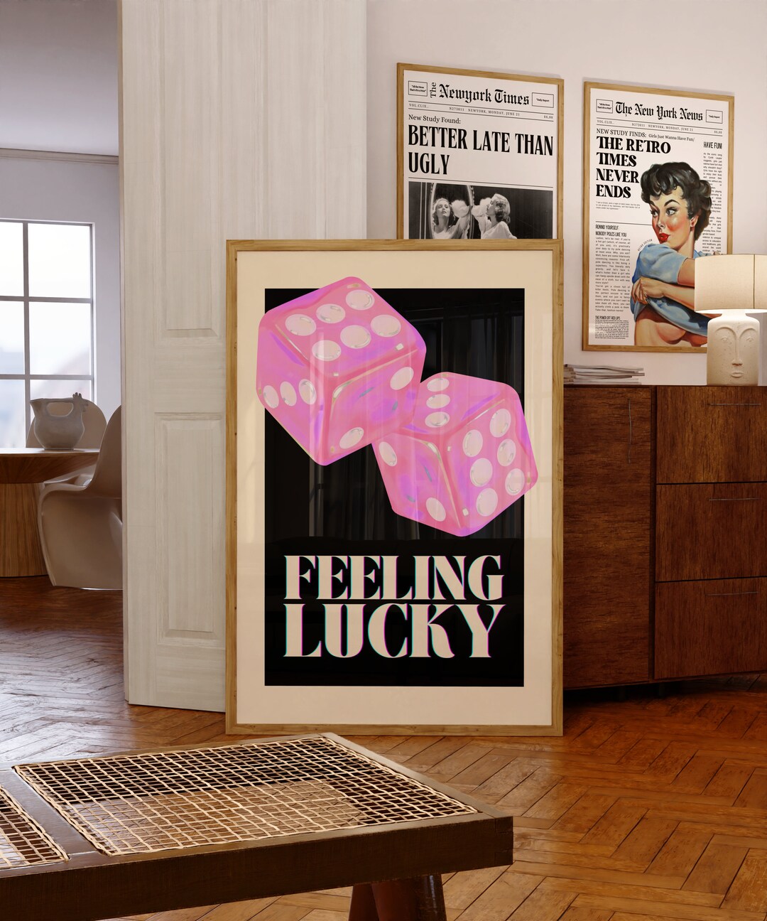 Feeling Lucky Poster Girly Wall Art Preppy Dice Pink Print Dopamine ...