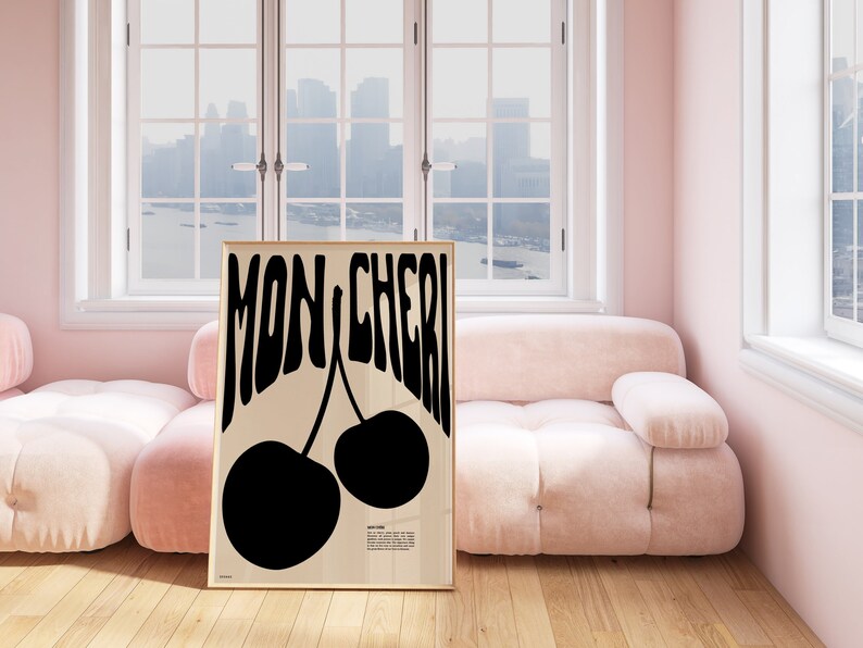 Mon Cheri Poster Retro French Black Cherry Print Ma Cheri Decor Vintage Bar Cart Wall Art Preppy ...