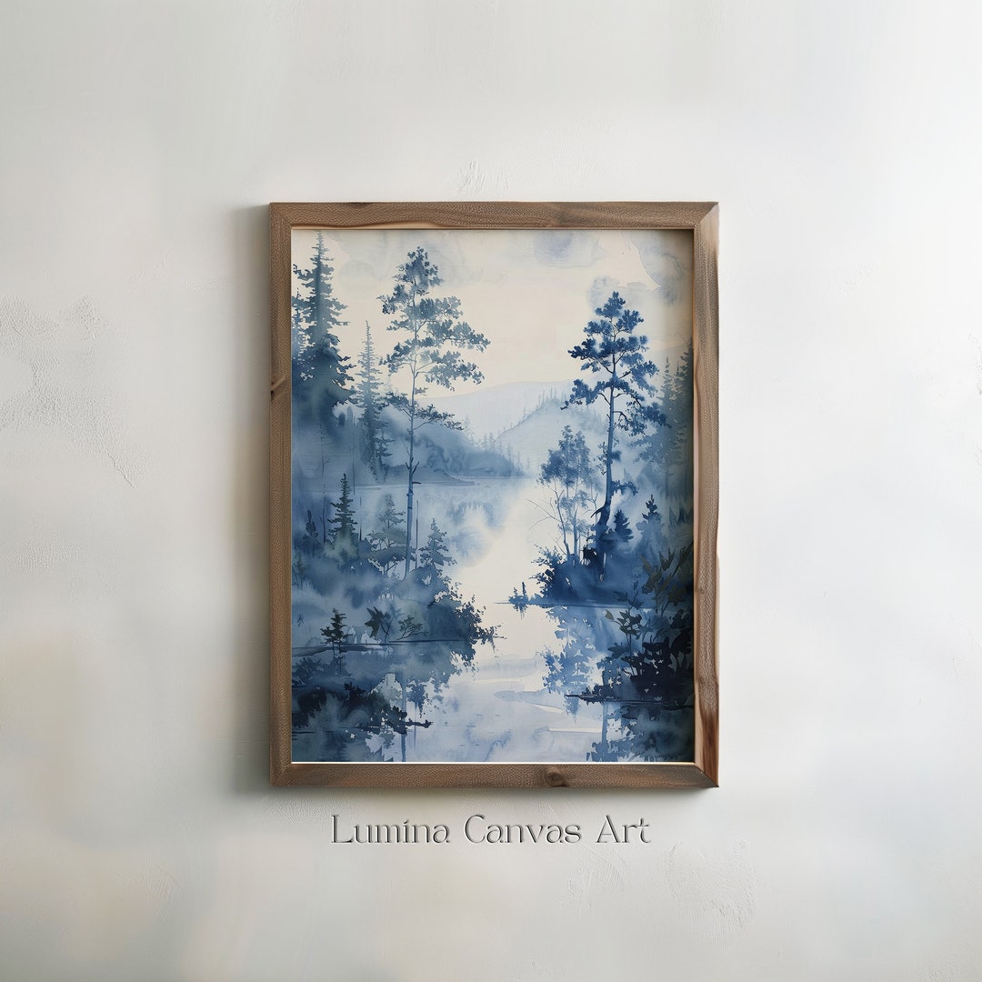Blue Forest Landscape Printable Watercolor Wall Art, Moody Nature Wall ...
