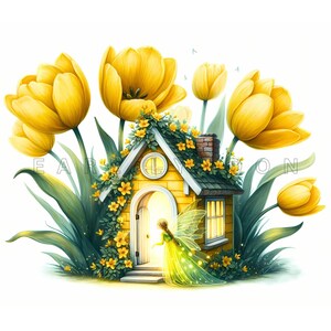 Tulip Fairy Cottage Clipart - Floral House Fantasy Art, Watercolor ...