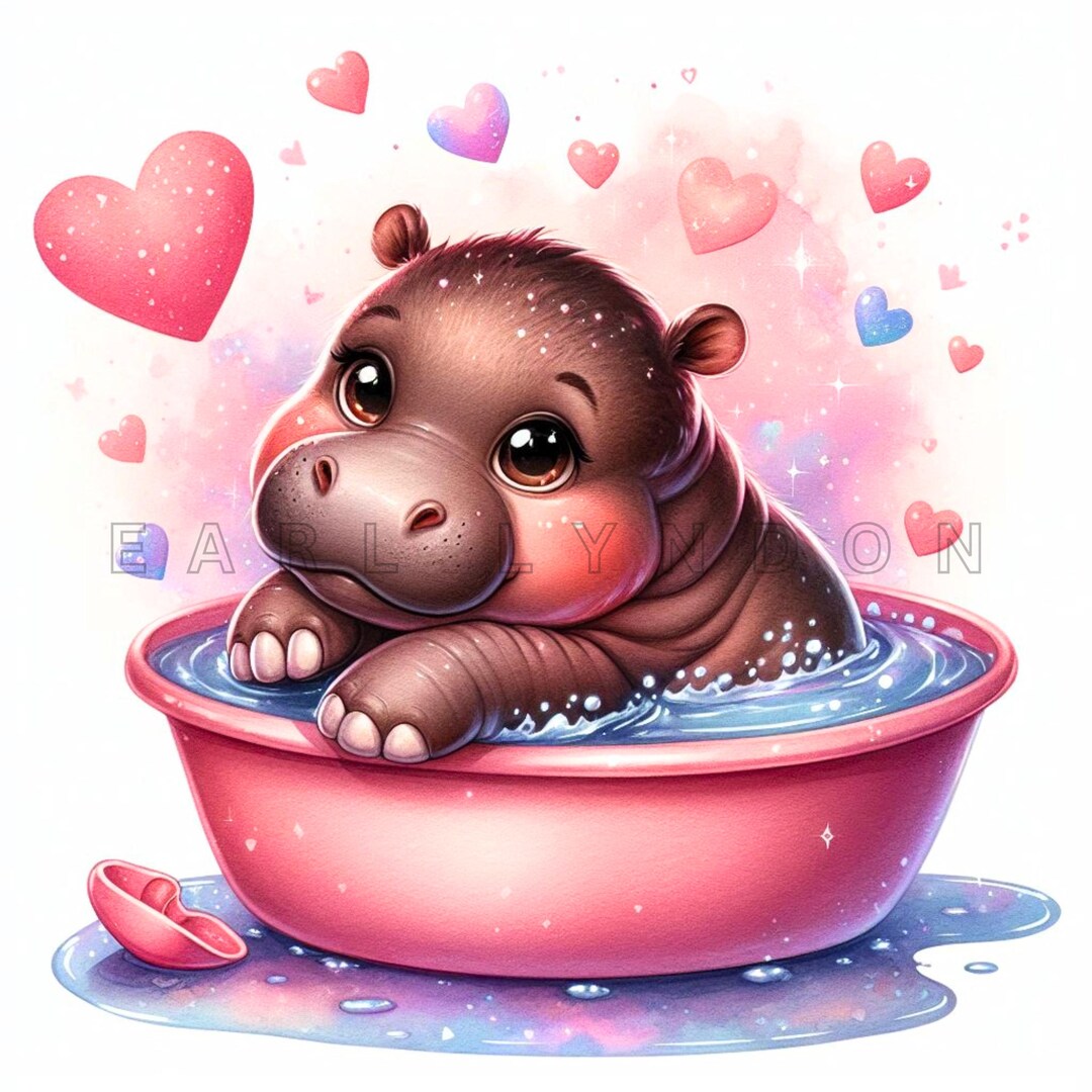 Moo Deng Valentine Clipart – Moodeng Hippo Digital Art, Watercolor ...
