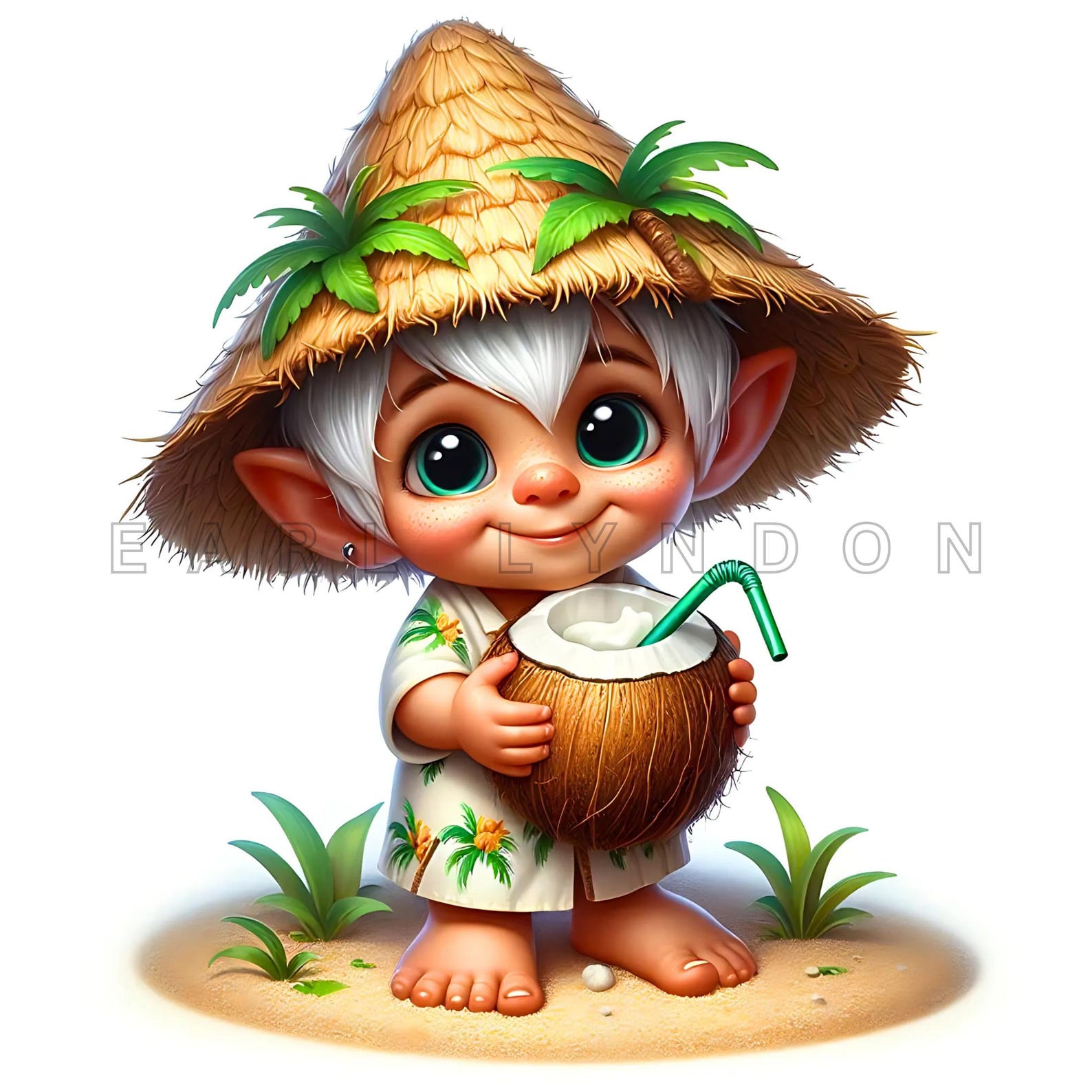 Coconut Gnome Clipart - Tropical Summer Beach Fantasy Art, Watercolor ...