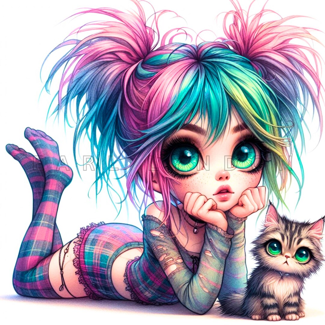 Goofy Girl Neon Hair Clipart - Doll Cat Dog Watercolor Printables, 15 ...