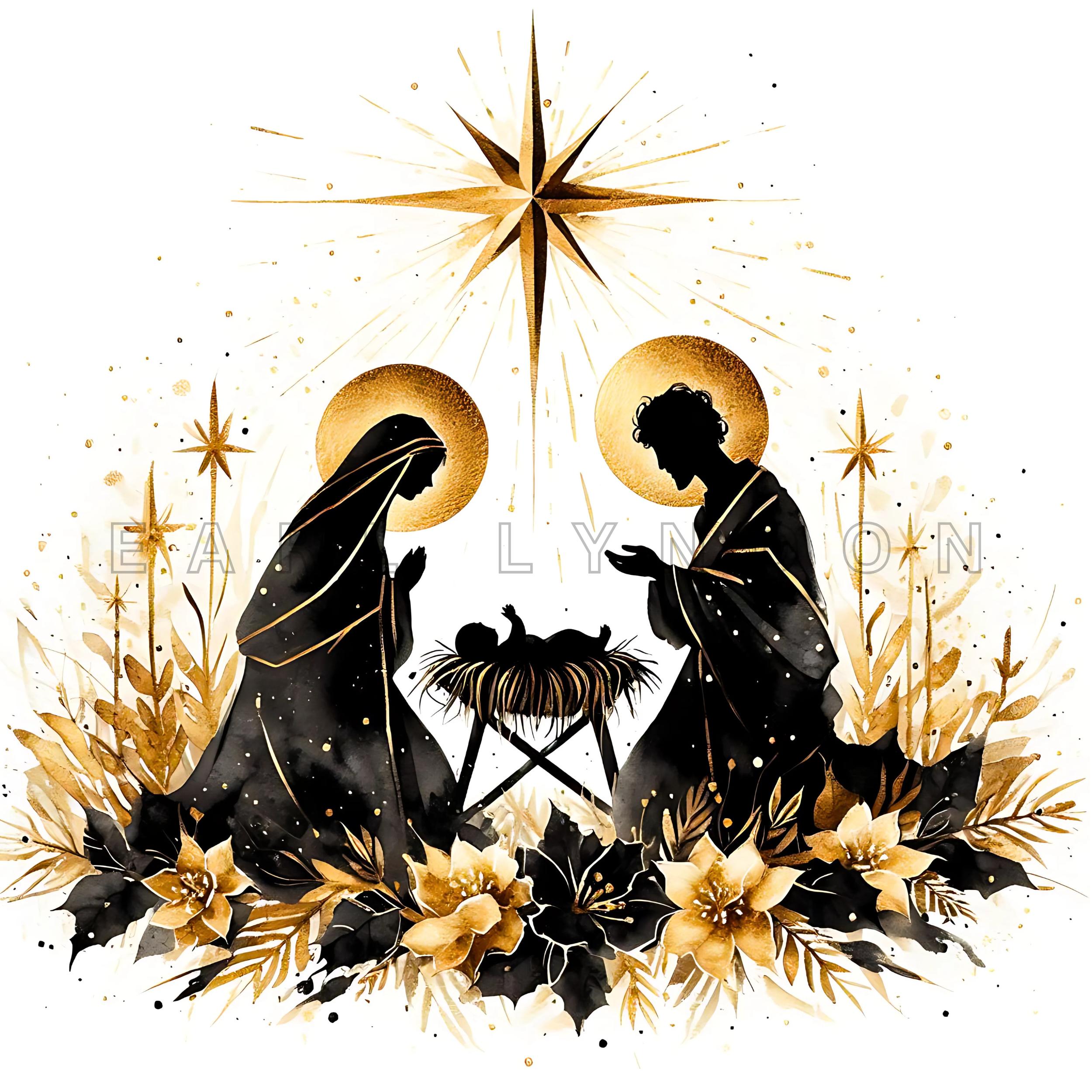 Floral Nativity Scene Clipart - Jesus Birth Holiday Digital Art ...
