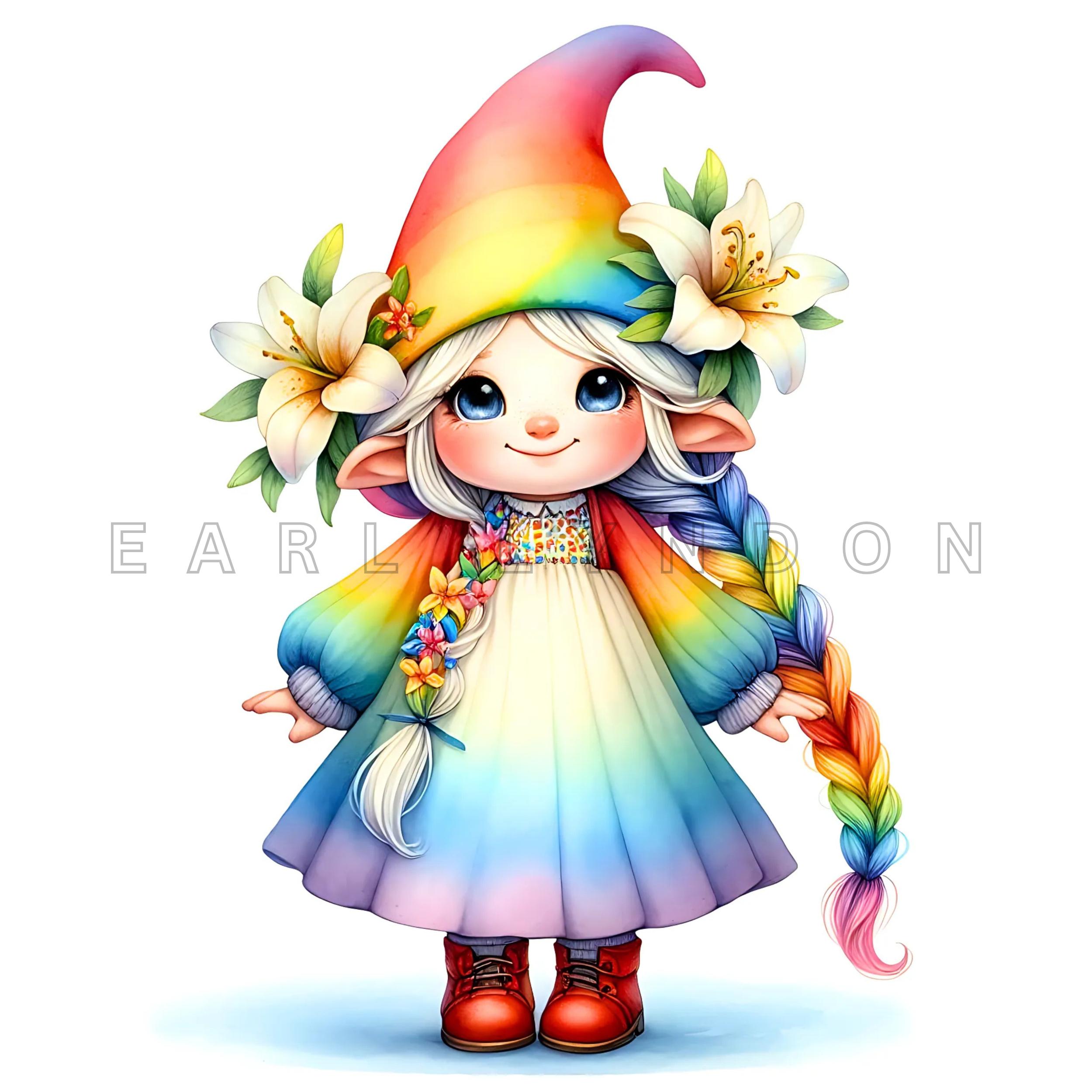 Rainbow Princess Clipart - Gnome Cupcake Topper Fantasy Art, Watercolor ...