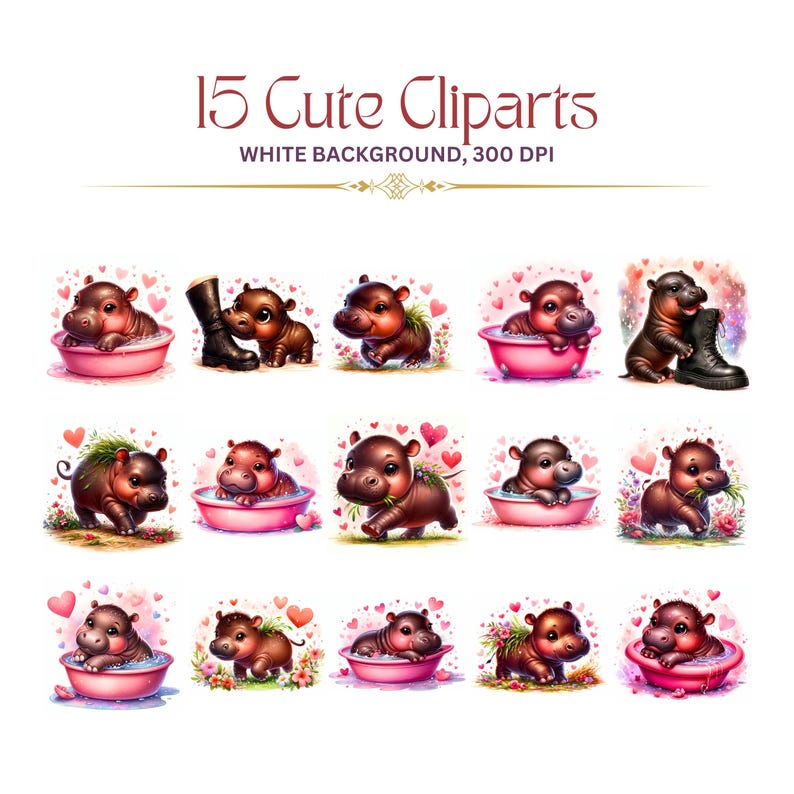 Moo Deng Valentine Clipart – Moodeng Hippo Digital Art, Watercolor ...