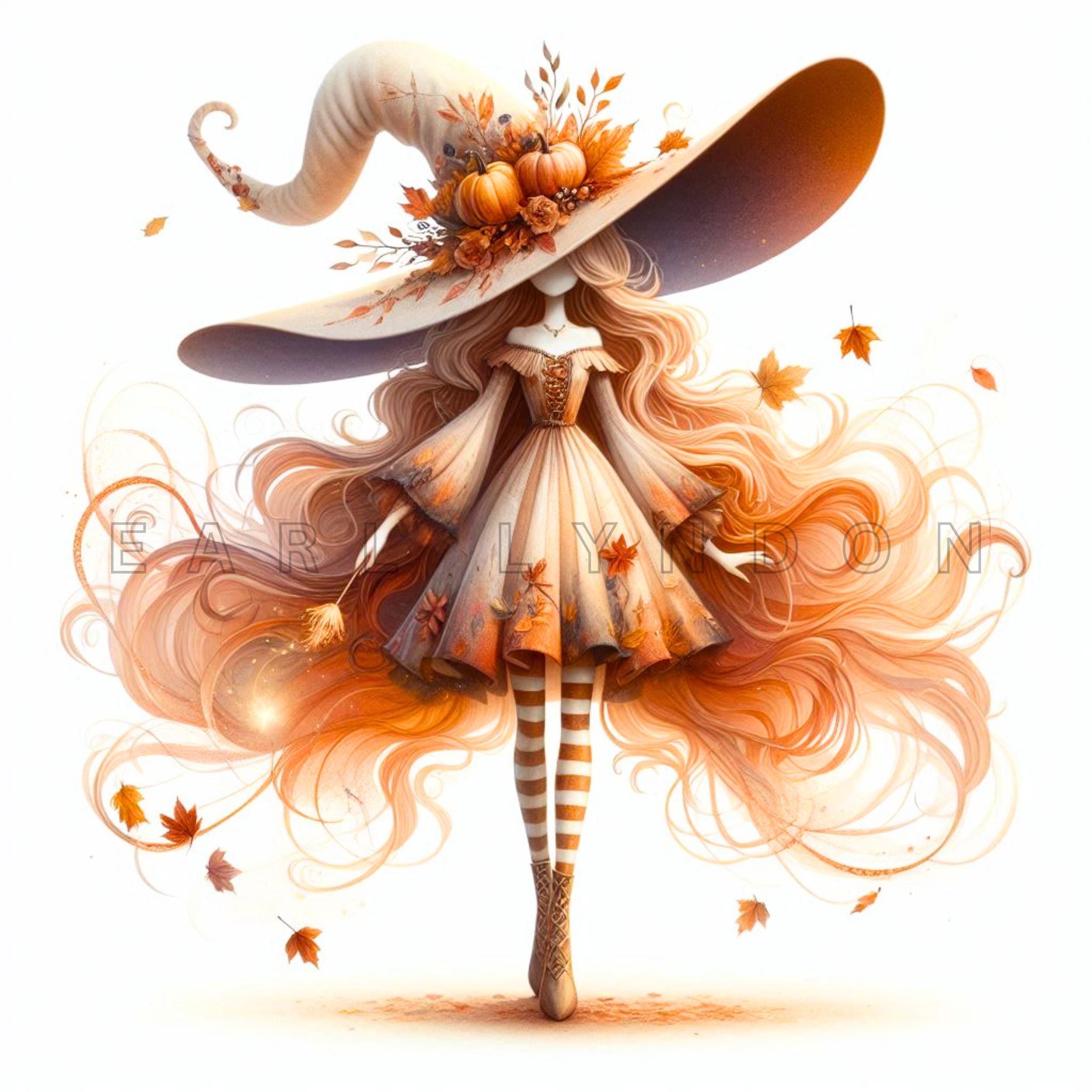 Autumn Witch Fashion Clipart - Whimsical Fall Harvest Doll, Watercolor ...