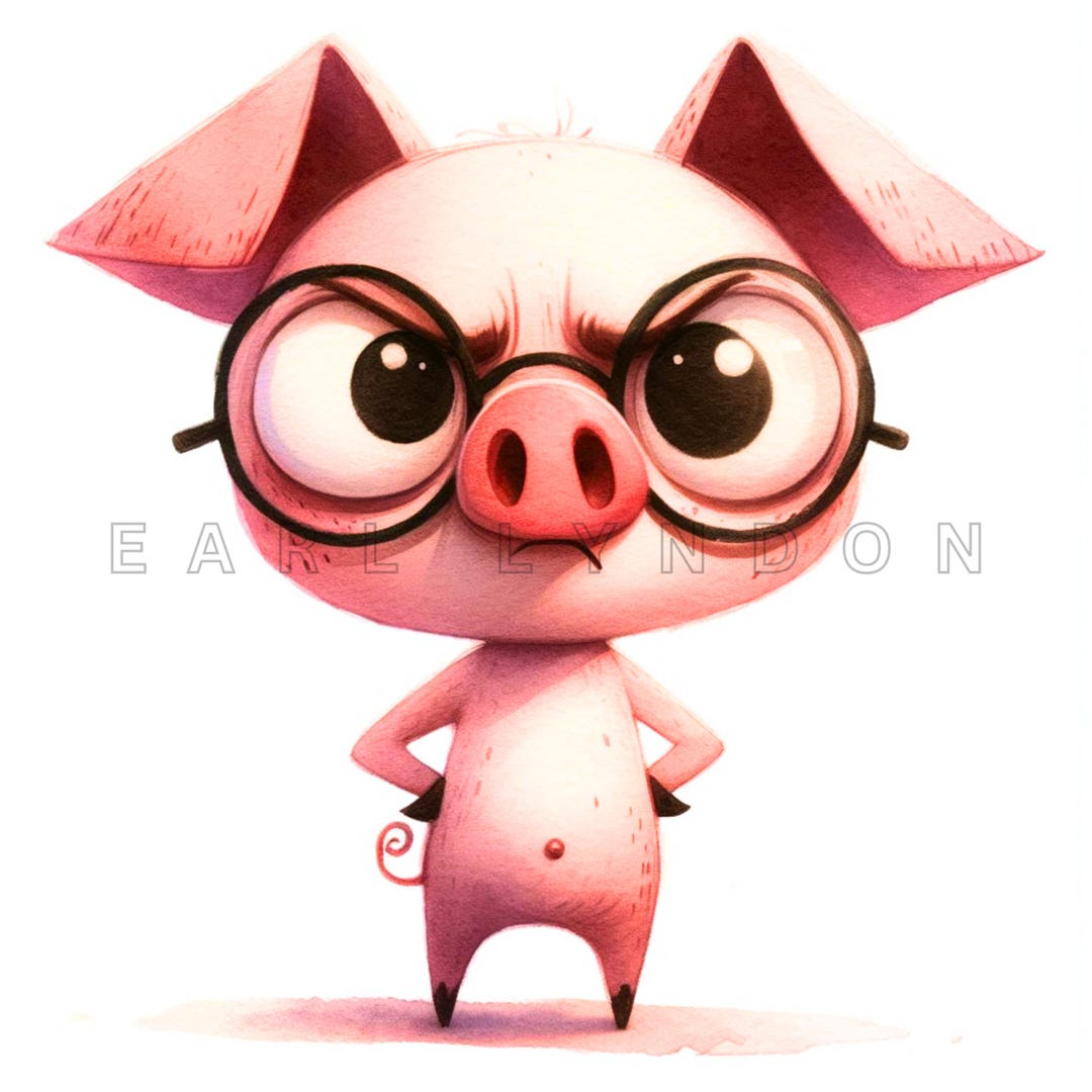 Grumpy Pig Clipart - Cute Goofy Pigs Whimsical Art, Watercolor ...