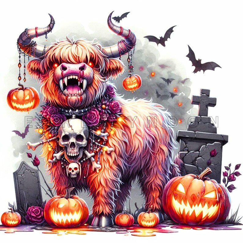 Halloween Highland Cow Clipart - Gothic Vampire Animal, Spooky ...