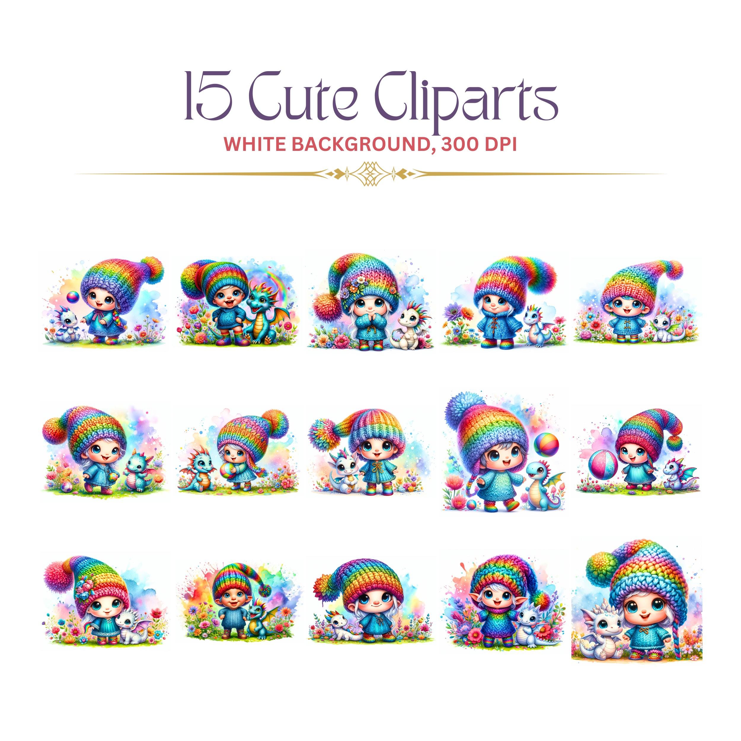 Rainbow Gnome Clipart - Baby Dragon Fantasy Art, Floral Watercolor ...