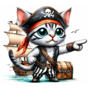 Pirate Kitten Clipart - Cute Cat Nautical Fantasy Art, Watercolor ...