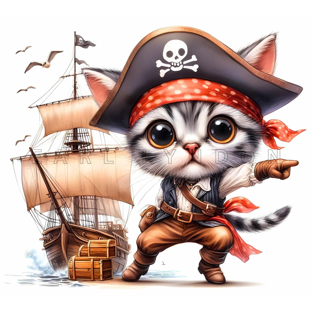 Pirate Kitten Clipart - Cute Cat Nautical Fantasy Art, Watercolor ...