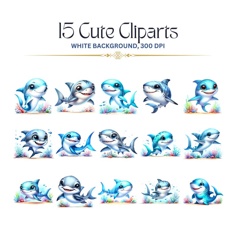 Captivating Young Shark Clipart - Ocean Fantasy Art, Summer Watercolor ...