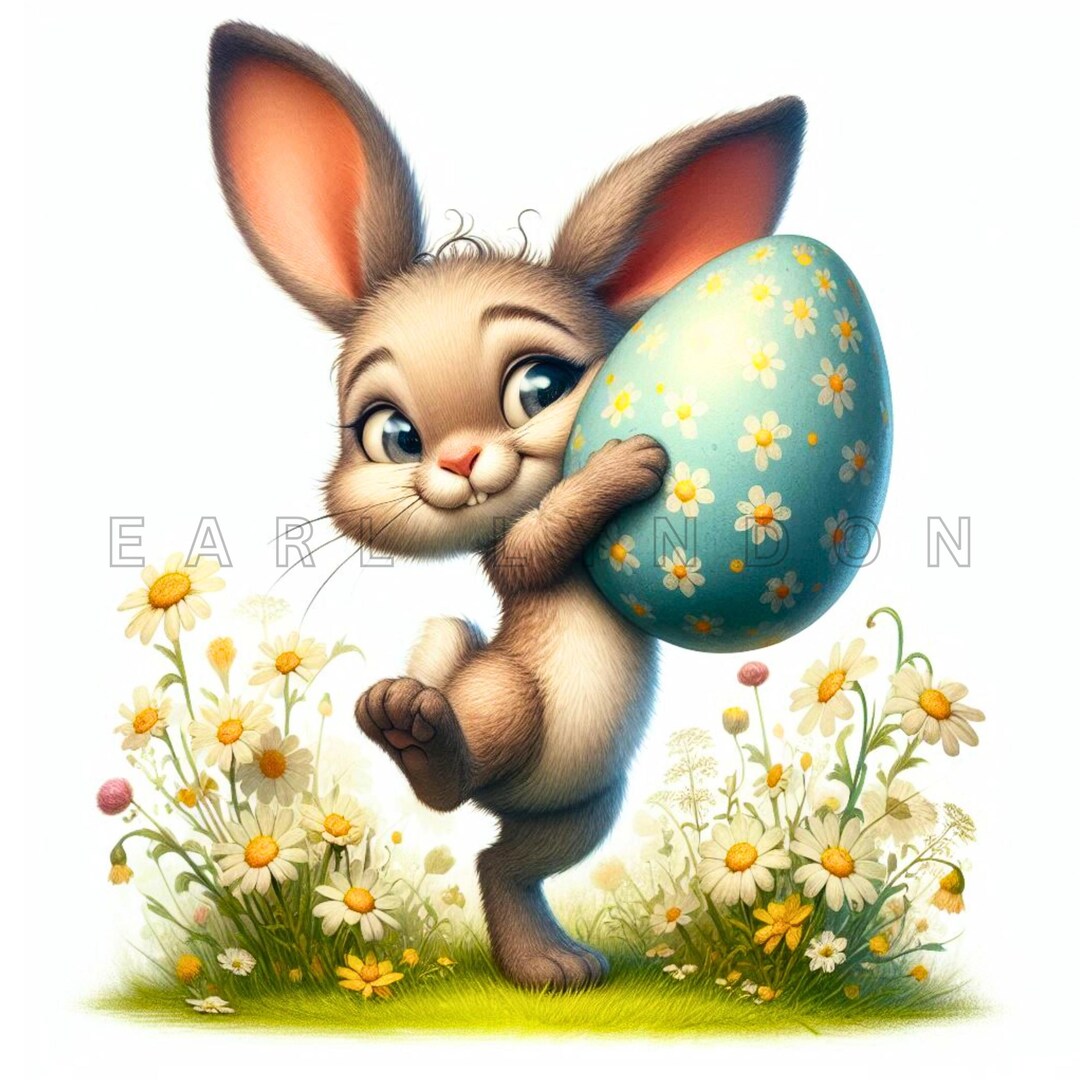 Easter Bunny Hugging Egg Clipart - Cute Rabbit Fantasy Art, Floral ...