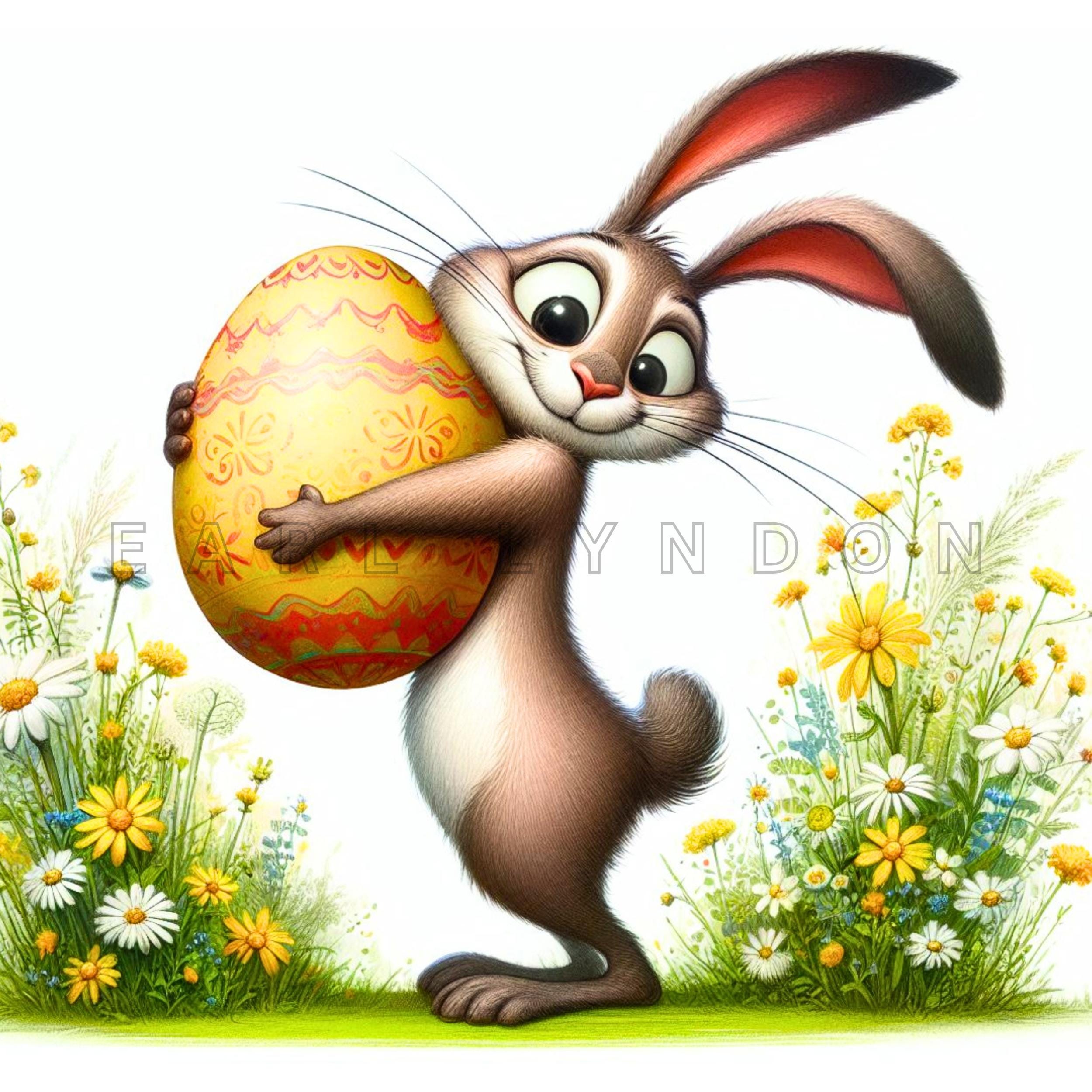 Easter Bunny Hugging Egg Clipart - Rabbit Fantasy Art, Watercolor ...
