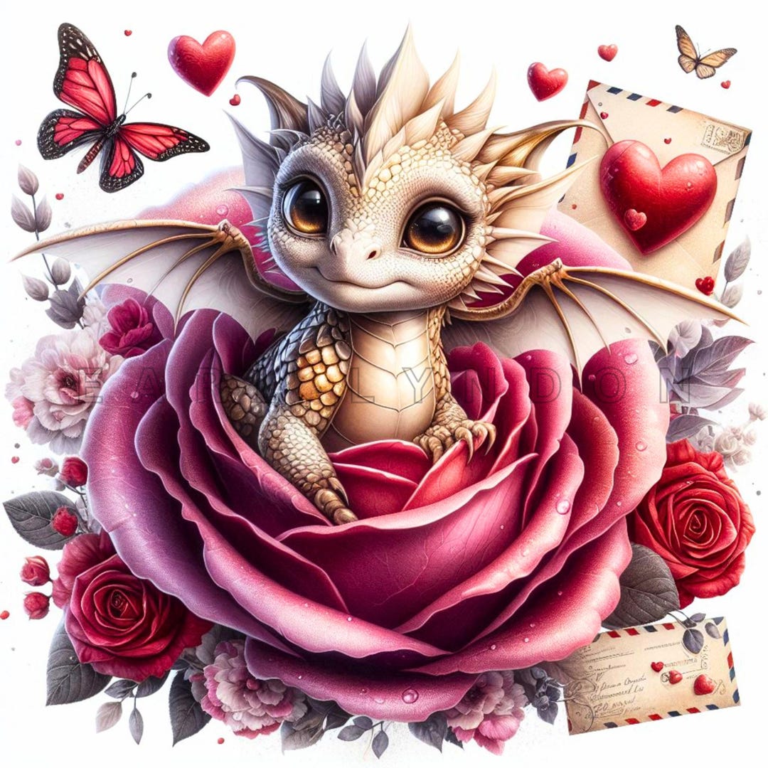 Dragon Love Postmaster Clipart - Floral Baby Dragon Fantasy Art ...