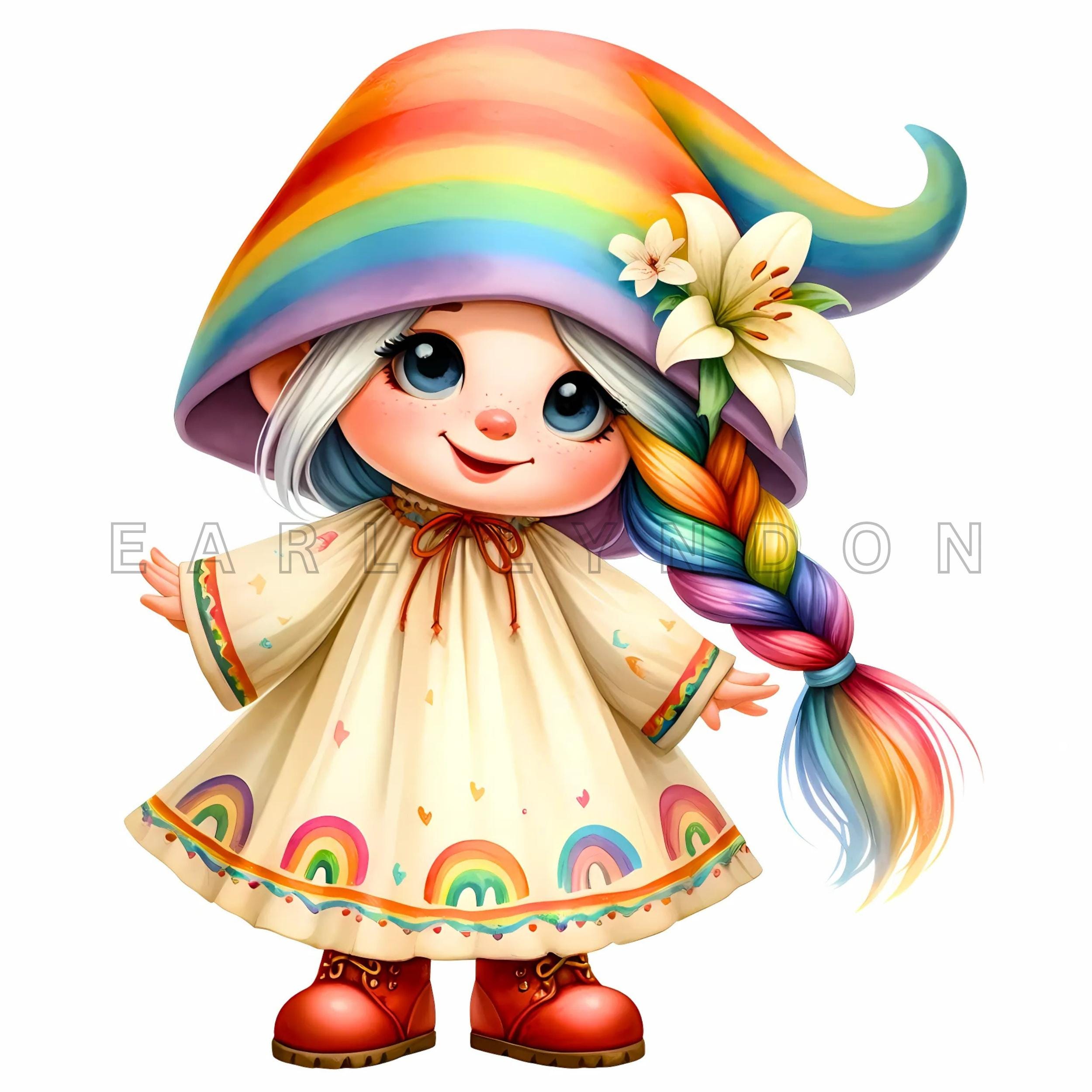 Rainbow Princess Clipart - Gnome Cupcake Topper Fantasy Art, Watercolor ...
