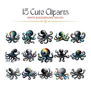 Octopus Clipart - Black White Sea Animal Fantasy Art, Watercolor ...