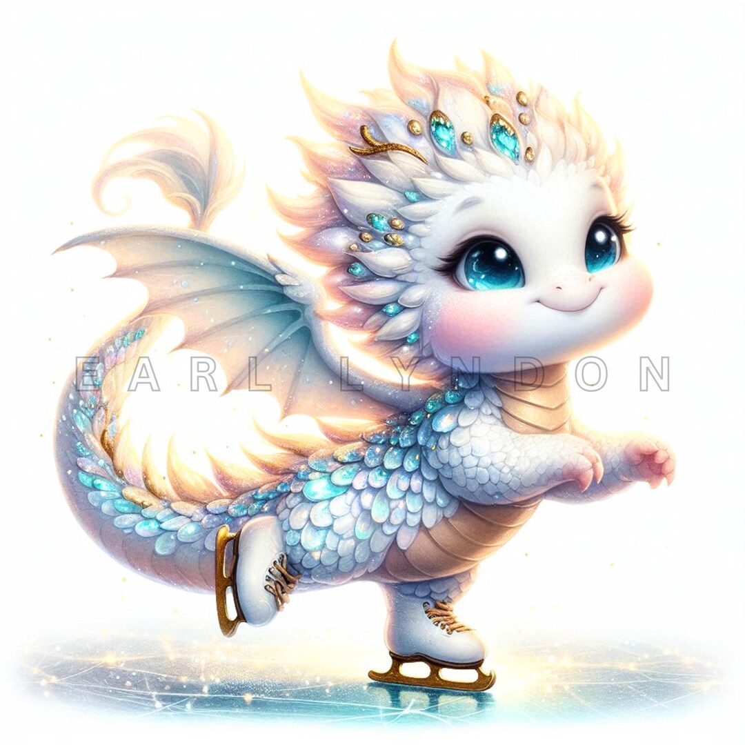 Skating Baby Dragon Clipart - Drakelet Playing on Ice, Digital Prints ...