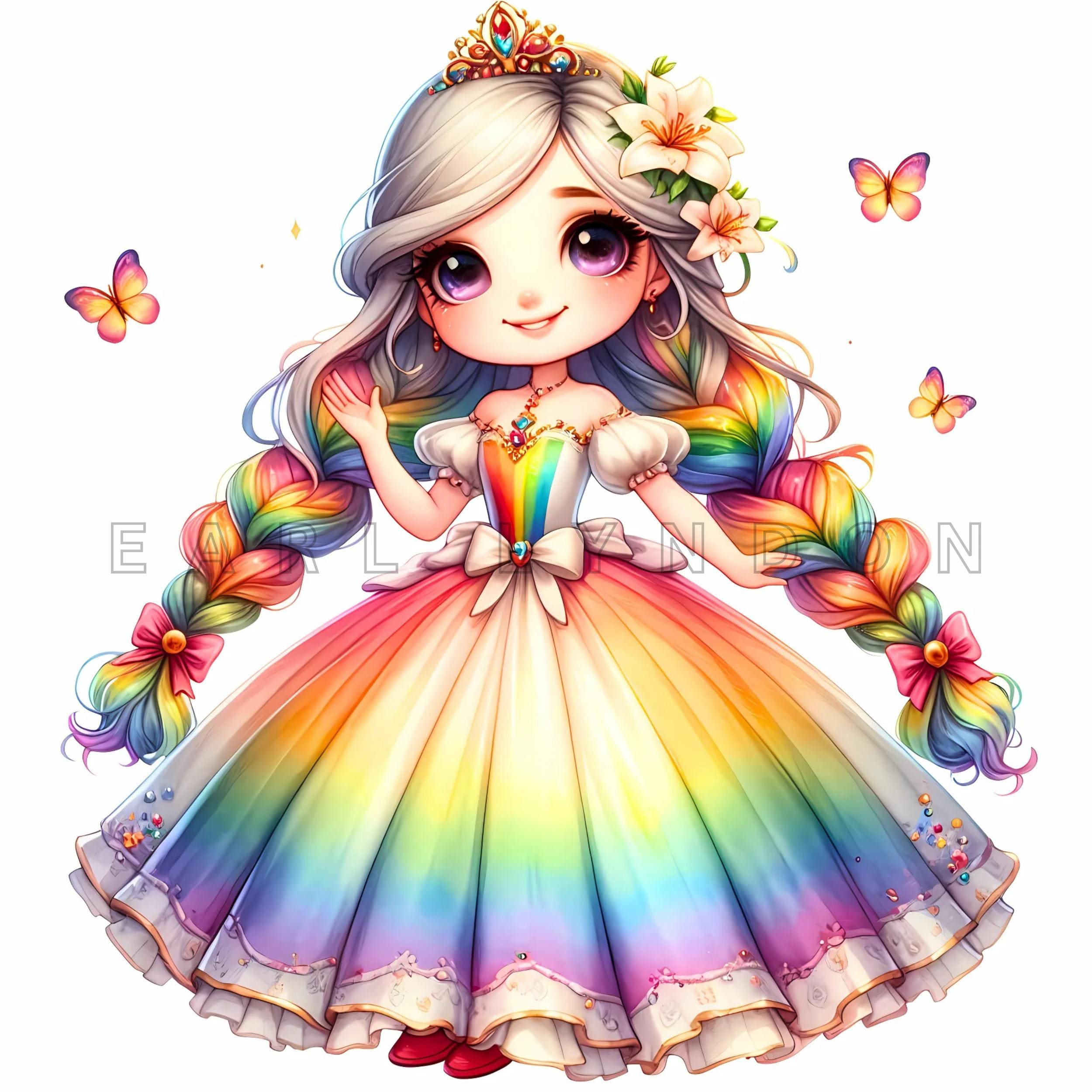Rainbow Princess Clipart - Gnome Cupcake Topper Fantasy Art, Watercolor ...