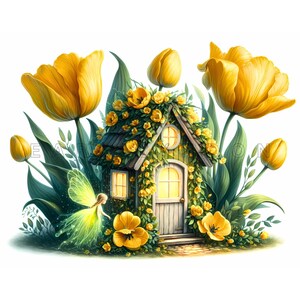 Tulip Fairy Cottage Clipart - Floral House Fantasy Art, Watercolor ...
