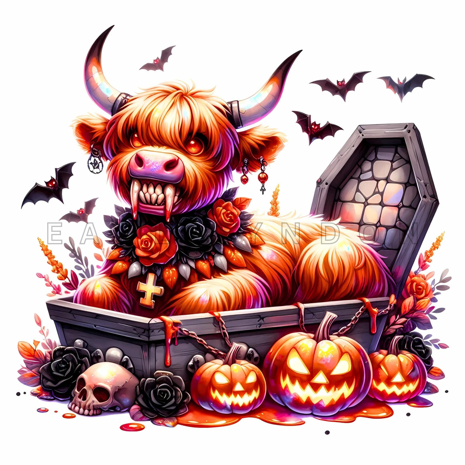 Halloween Highland Cow Clipart - Gothic Vampire Animal, Spooky ...