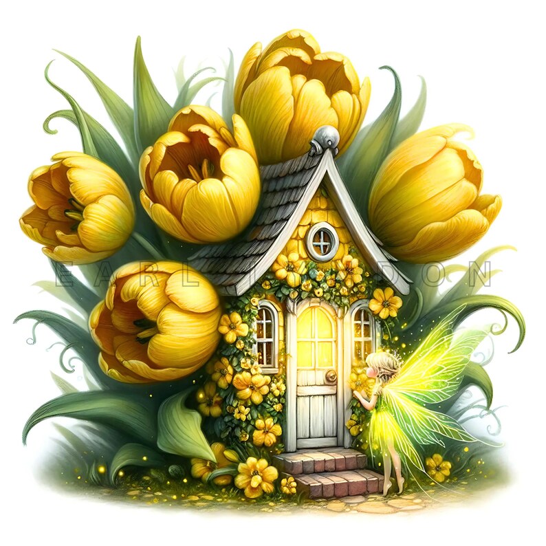 Tulip Fairy Cottage Clipart - Floral House Fantasy Art, Watercolor ...