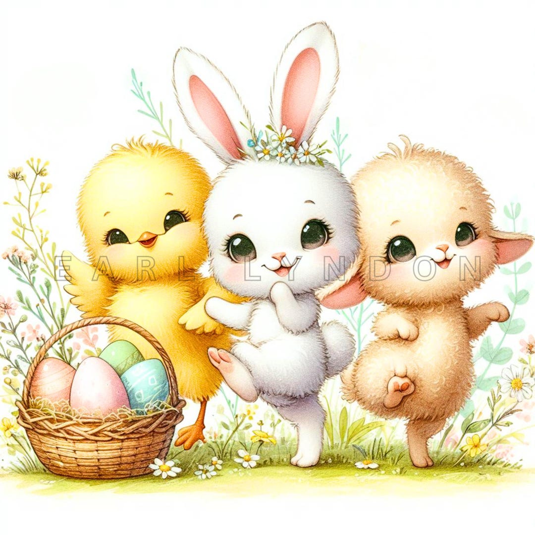 Bunny Chick Lamb Clipart - Adorable Easter Animals Fantasy Art, Spring ...