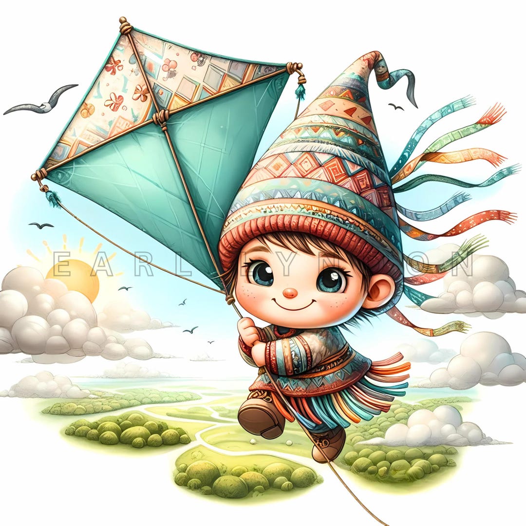 Gnome Flying Kite Clipart - Boho Summer Adventure Art, Watercolor ...