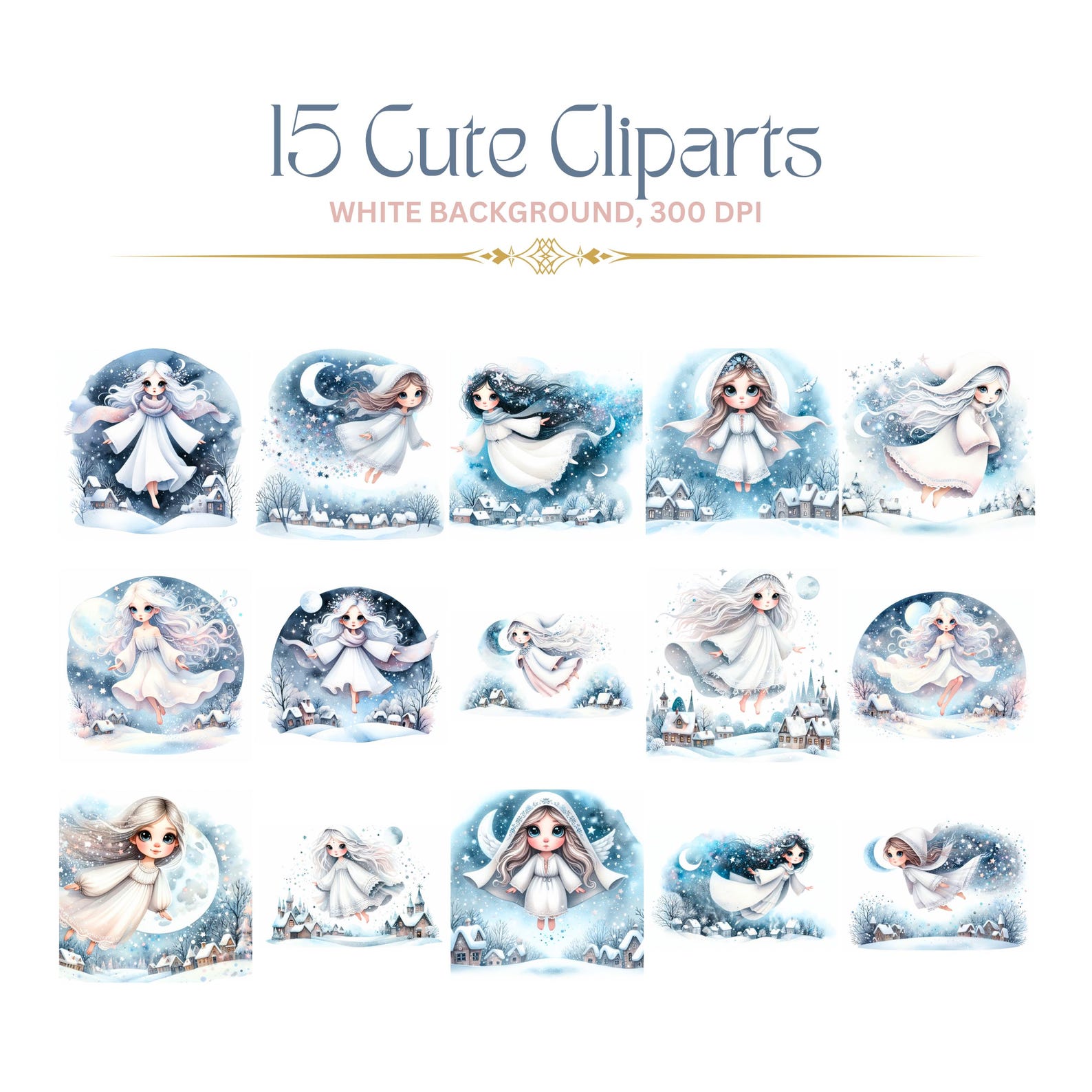 Winter Goddess Clipart – Cute Whimsical Doll Digital Prints for ...