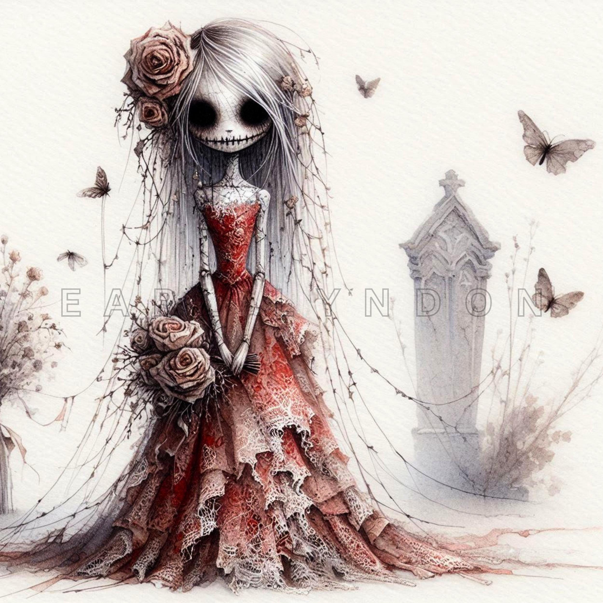 Red Zombie Bride Portrait Clipart - Gothic Halloween Dolls Fantasy Art ...