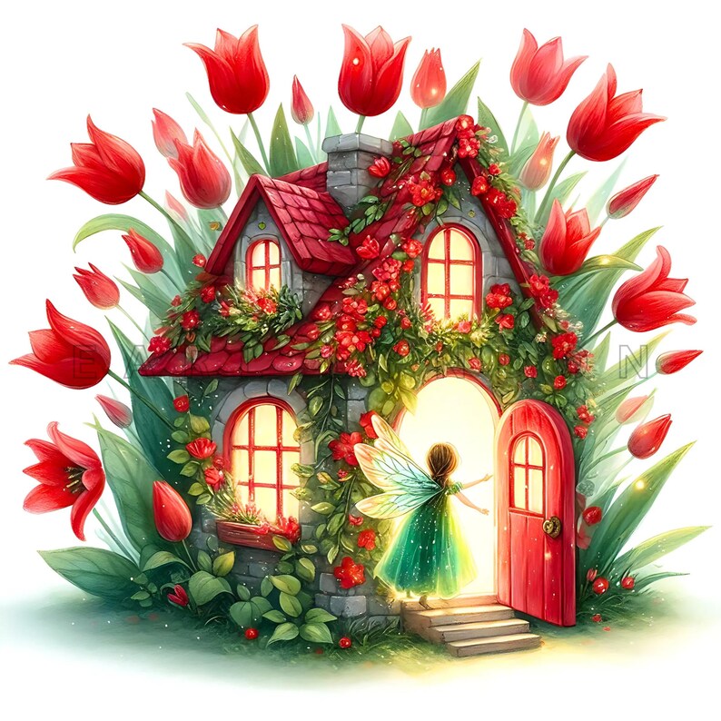 Tulip Fairy Cottage Clipart - Floral House Fantasy Art, Watercolor ...