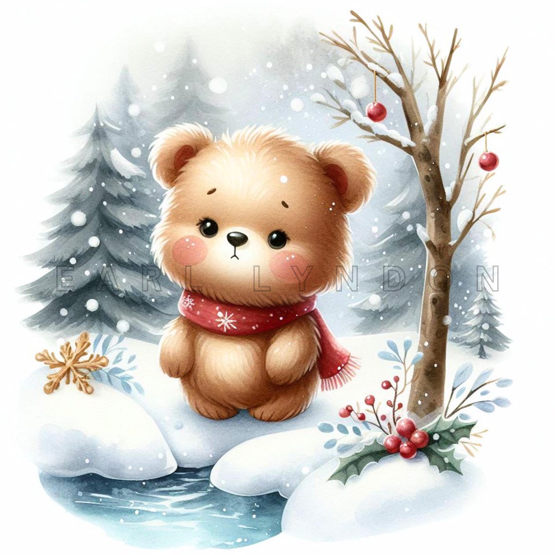 Baby Bear in Winter Cliparts – Cute Christmas Holiday Digital Prints ...