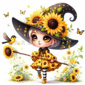 Sunflower Witch Clipart - Whimsical Garden Baby Witch, Cottagecore ...
