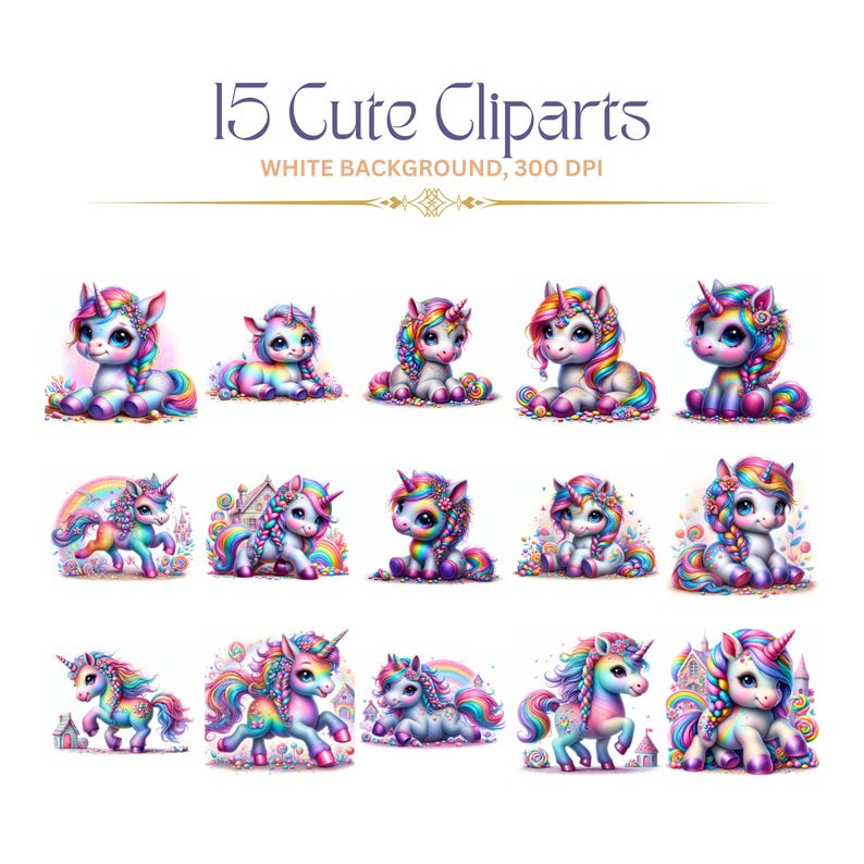 Rainbow Candy UNICORN Clipart PNG 15 Watercolor Printable Clip Art 300 ...
