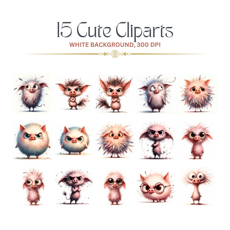 Angry Feathery Pigs Clipart - Quirky Goofy Swine Art, Watercolor ...