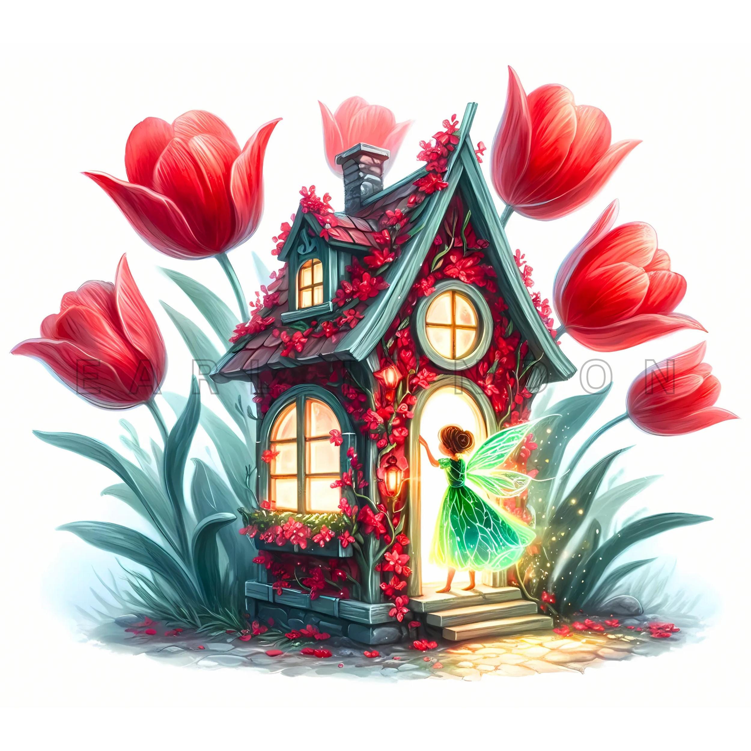 Tulip Fairy Cottage Clipart - Floral House Fantasy Art, Watercolor ...