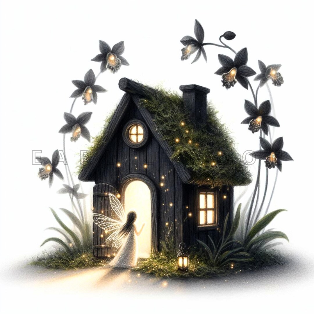Black Fairy Cottage Clipart - Magical Forest Home Fantasy Art ...