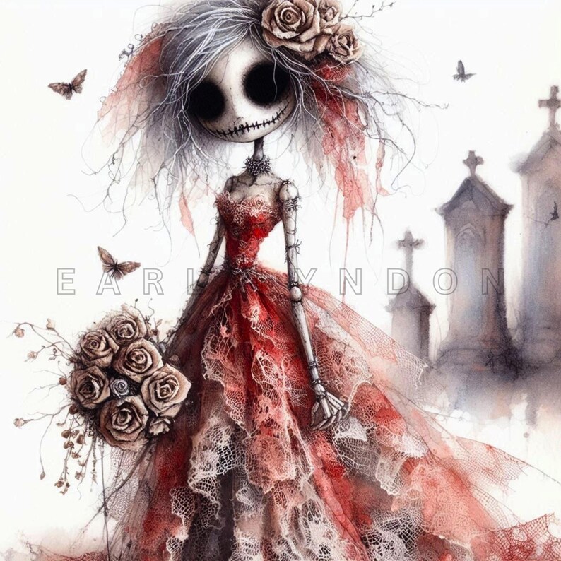 Red Zombie Bride Portrait Clipart - Gothic Halloween Dolls Fantasy Art ...