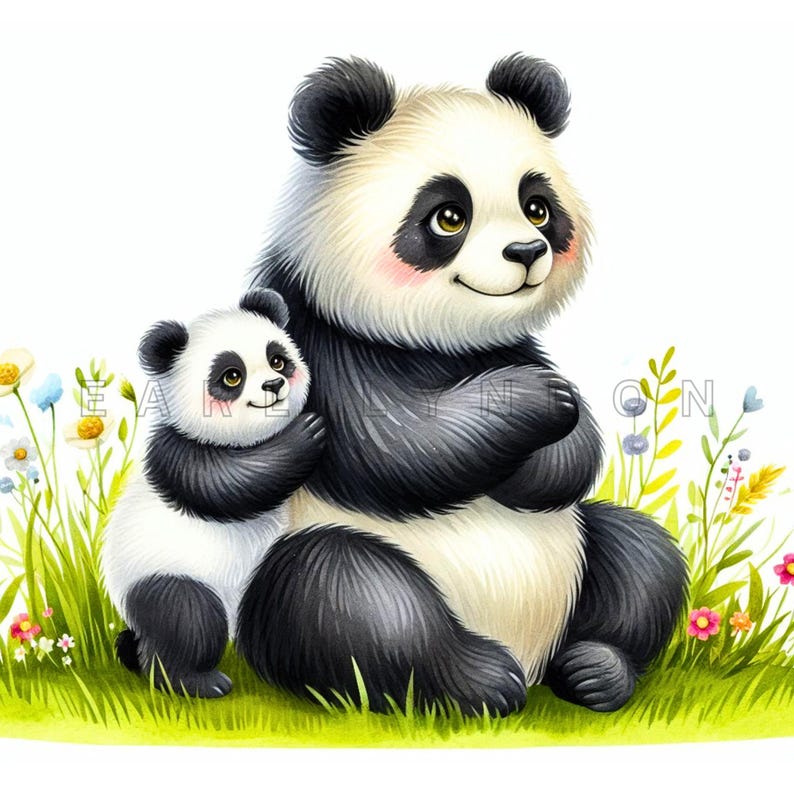 Mama Baby Panda Clipart - Mother's Day Fantasy Art, Floral Watercolor ...