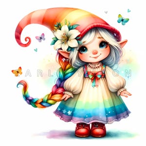 Rainbow Princess Clipart - Gnome Cupcake Topper Fantasy Art, Watercolor ...