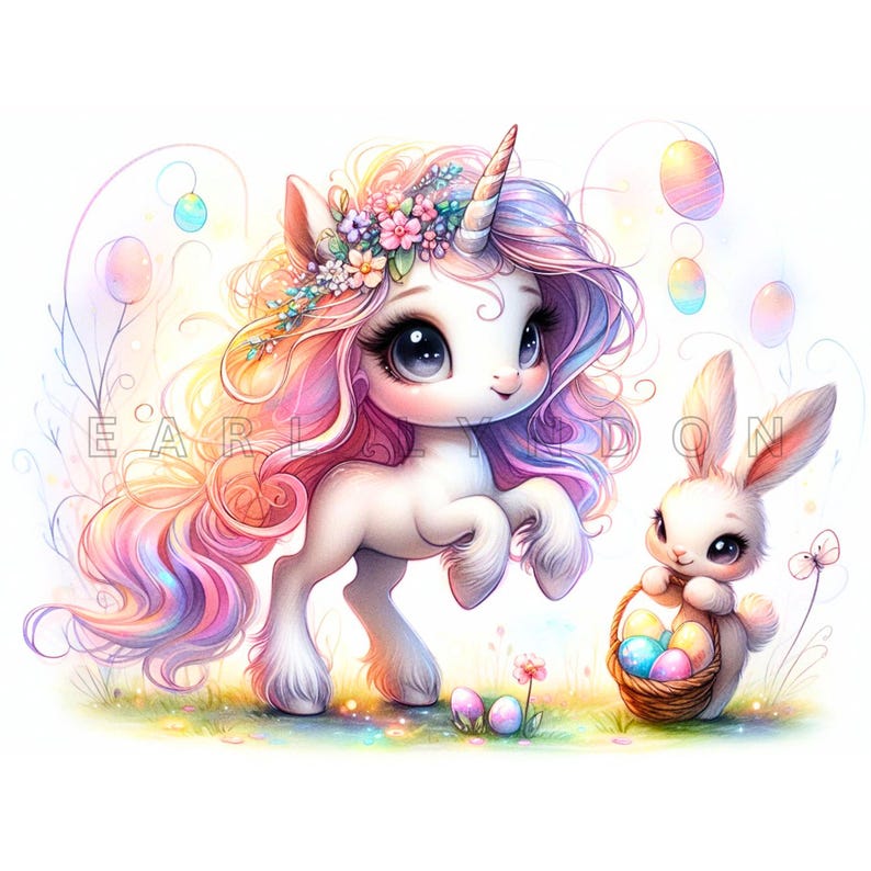 Easter Bunny Unicorn Clipart - Egg Hunt Art, Pastel Watercolor ...