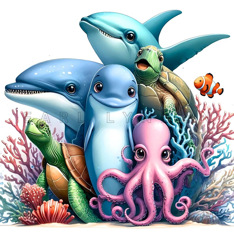 Ocean Animals Clipart - Playful Underwater Friends Digital Art ...