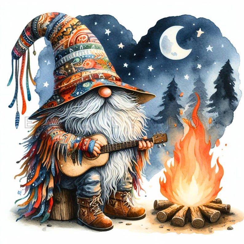 Boho Gnome Playing Guitar Clipart - Bonfire Summer Night, Hippie ...