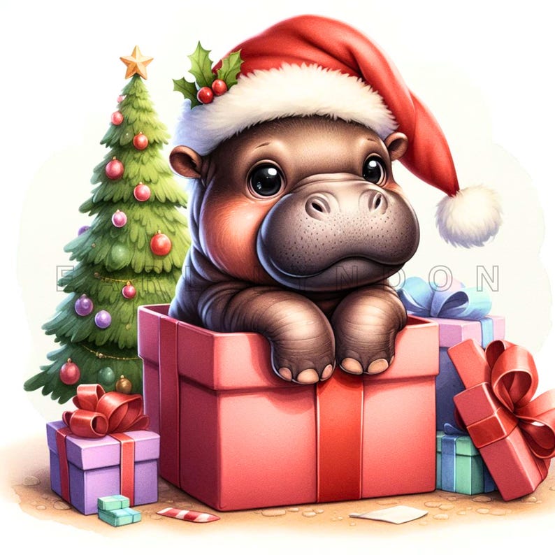 Moo Deng Christmas Clipart - Cute Pygmy Hippo Holiday Fantasy Art ...