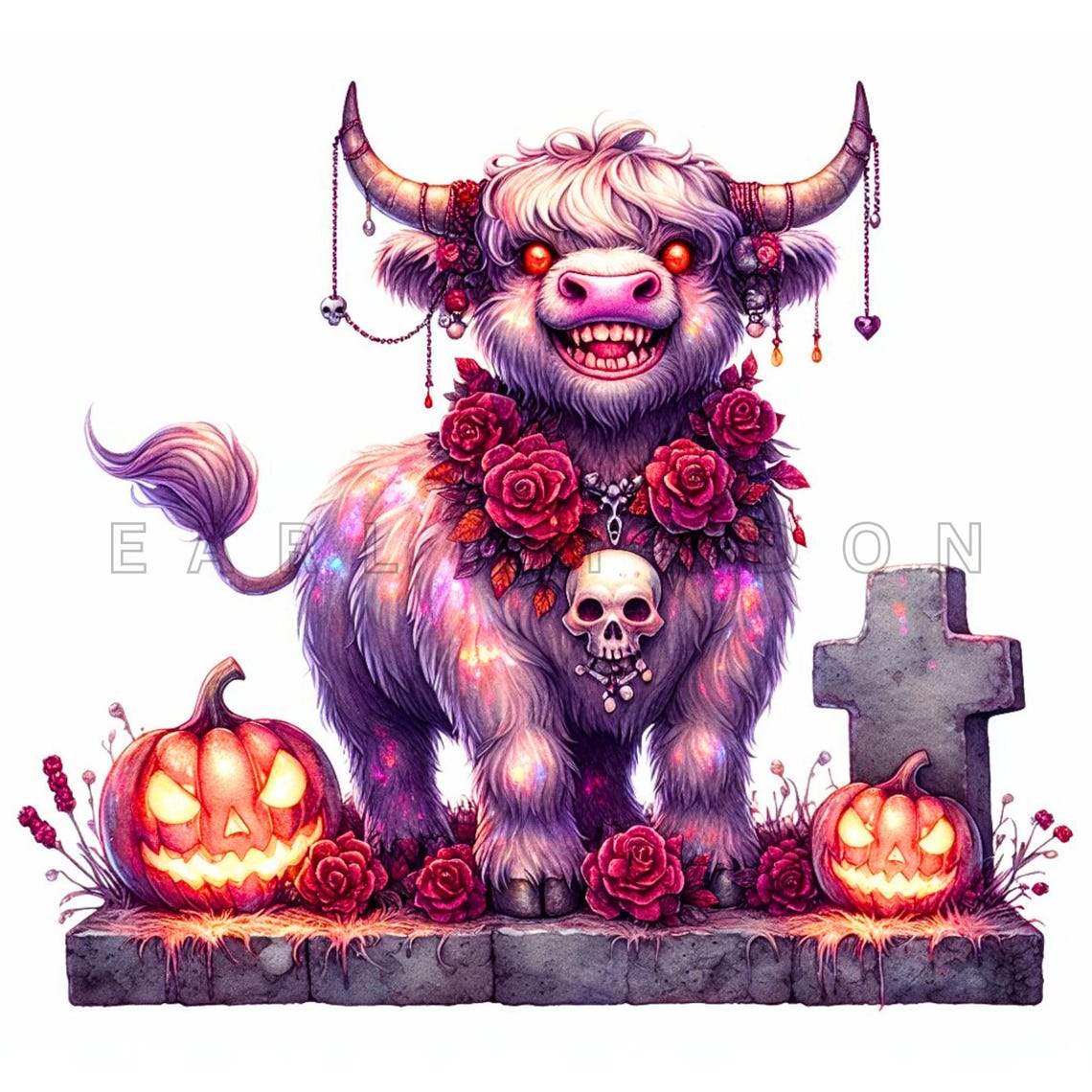 Halloween Highland Cow Clipart - Gothic Vampire Animal, Spooky ...
