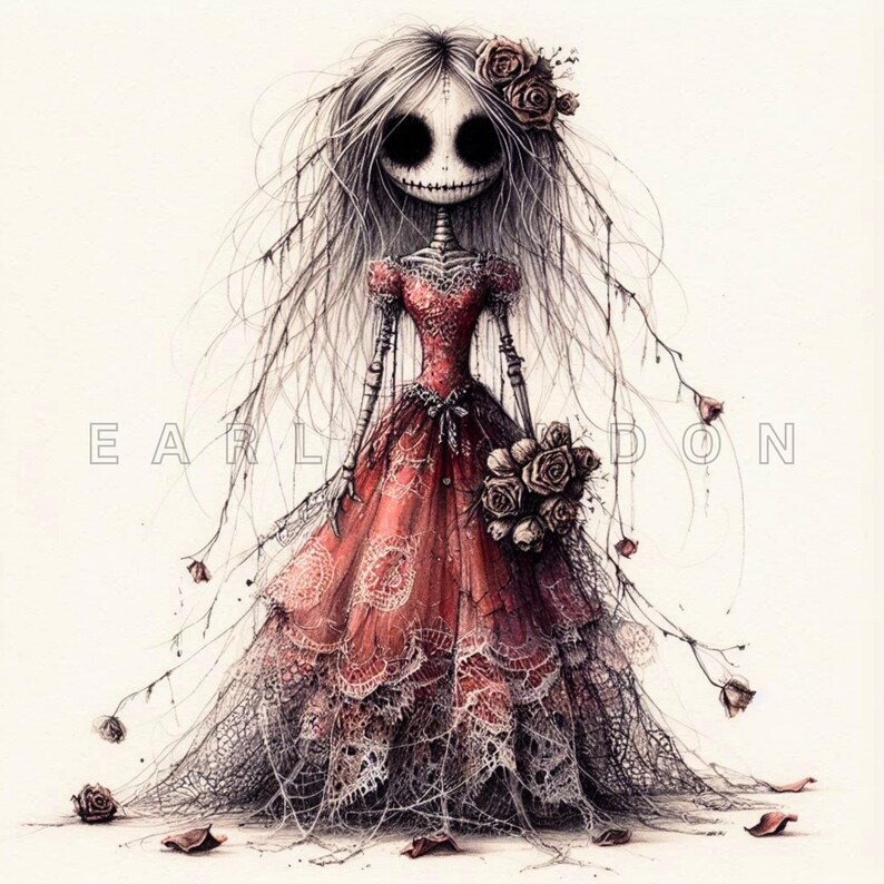 Red Zombie Bride Portrait Clipart - Gothic Halloween Dolls Fantasy Art ...