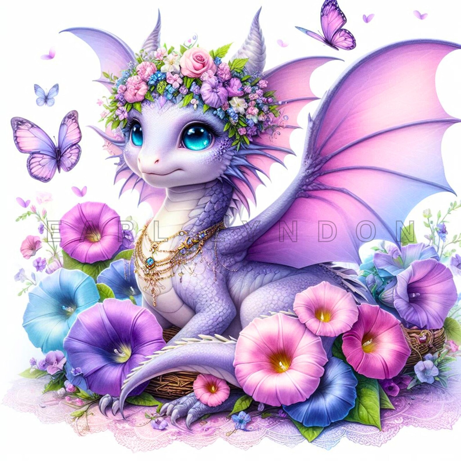 Morning Glory Dragon Clipart - Baby Dragon Fantasy Art, Floral ...